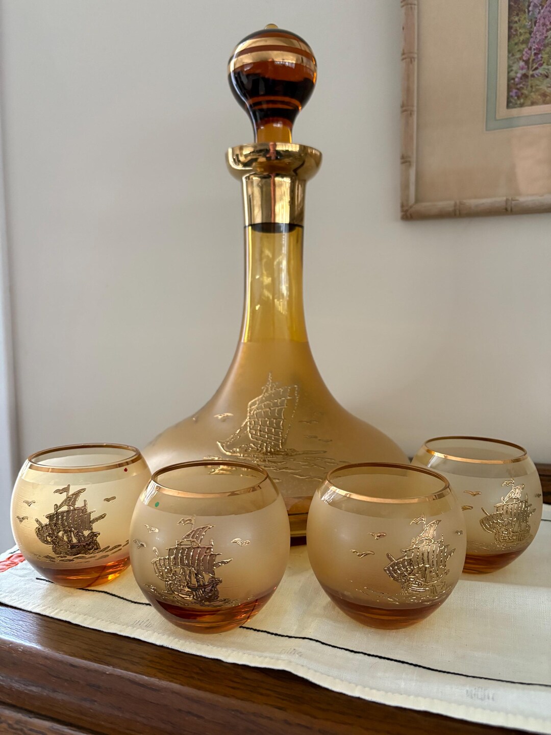 Vintage Amber Glass Ship Decanter Set, Gold Embossed Tall Ships - Etsy