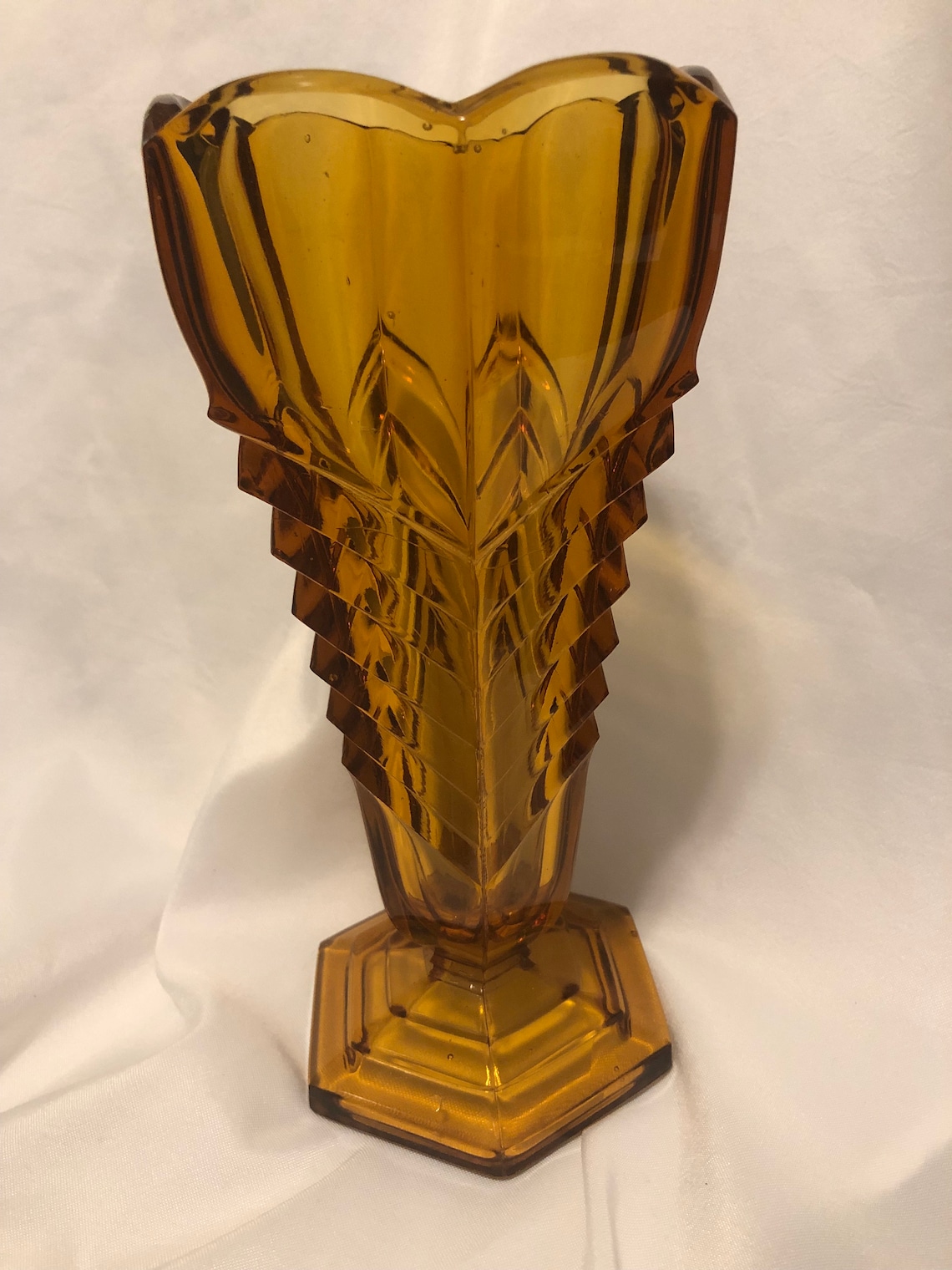 A Pressed Amber Art Deco Glass Vase On A Hexagon Stepped Base Etsy