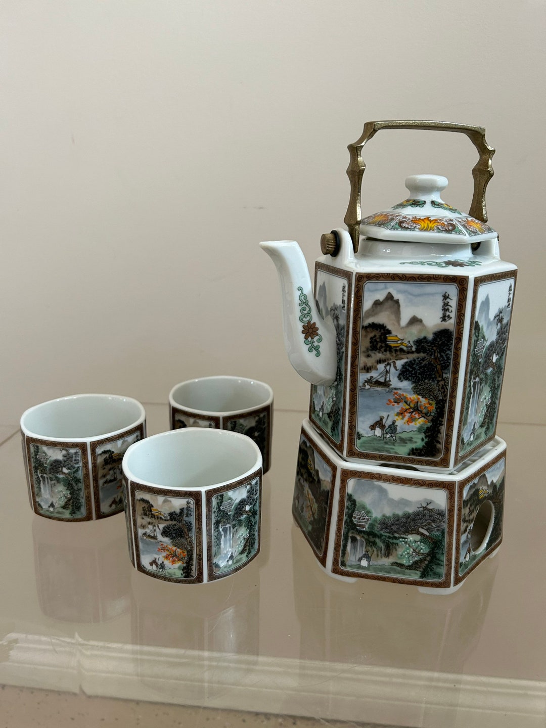 A Vintage Traditional Japanese Tea Service for 3 Comprised off a Teapot ...