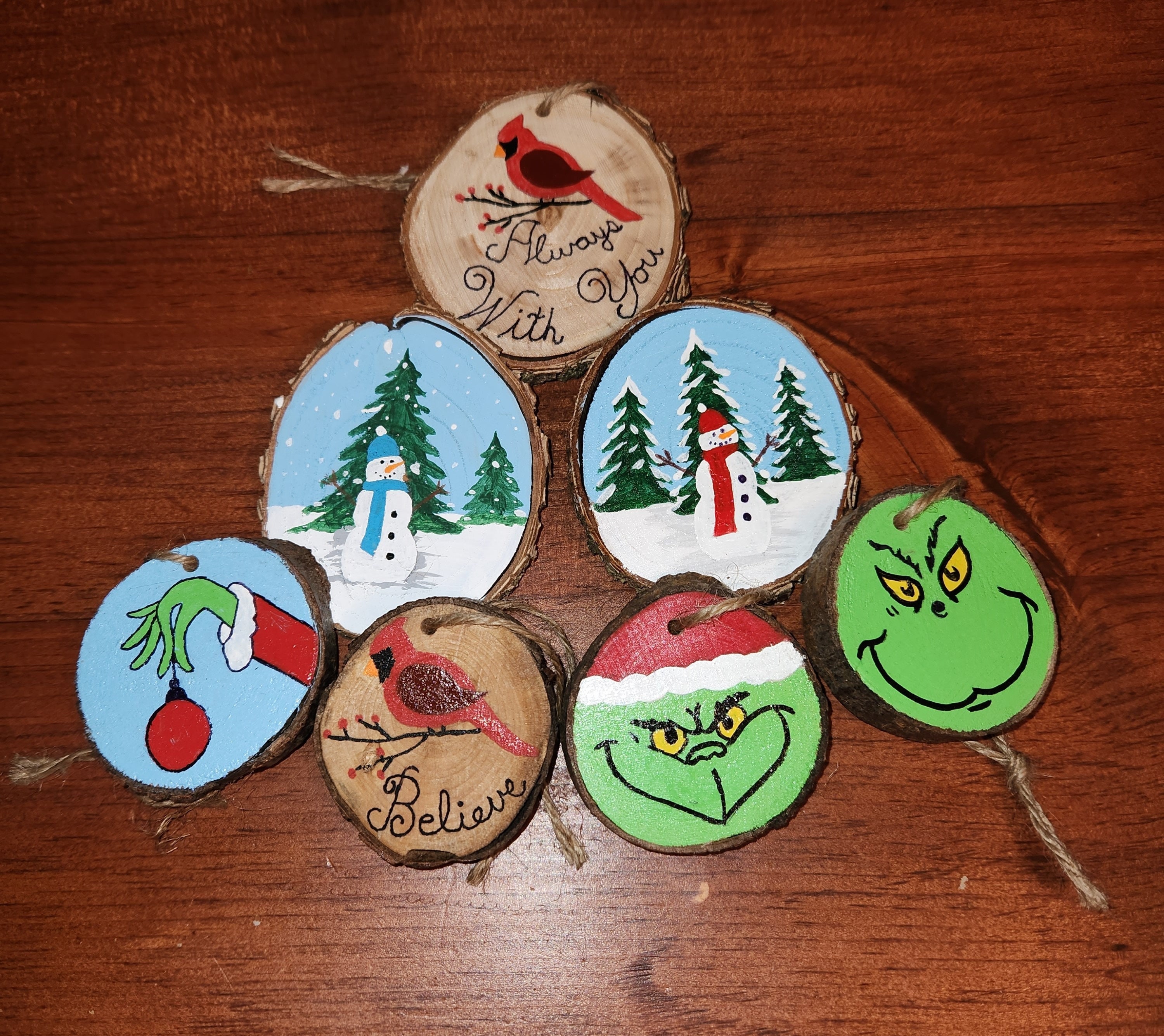 Hand-painted Wood Slice Christmas Ornaments Cardinals, Grinch, Snowmen ...