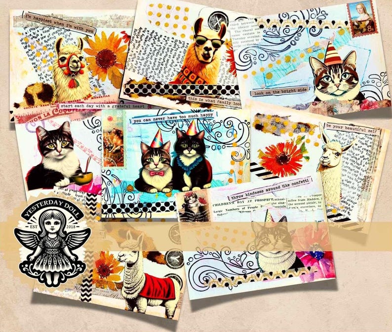 Llama and Cat Collage Sheet: Printable Cards, ATC, Junk Journal ...