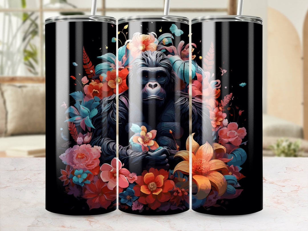 Vibrant Gorilla Tumbler Wrap PNG, 20 Oz Size, Floral Jungle Design ...