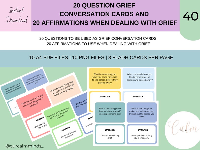 Grief and Loss Question and Affirmation Cards, Therapy Resources, Grief ...