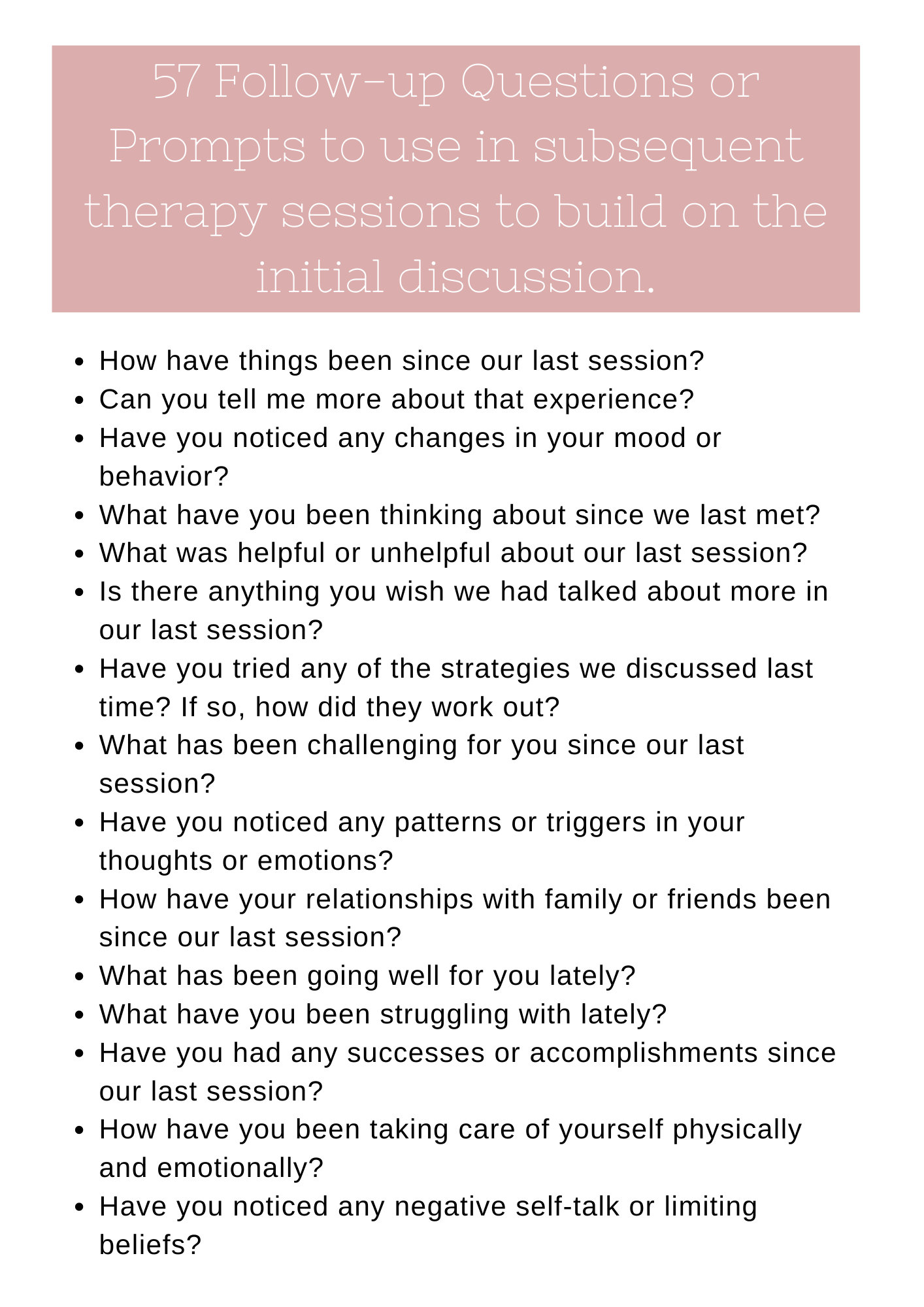 Follow up Therapy Session Questions, Therapists Session Follow Up ...