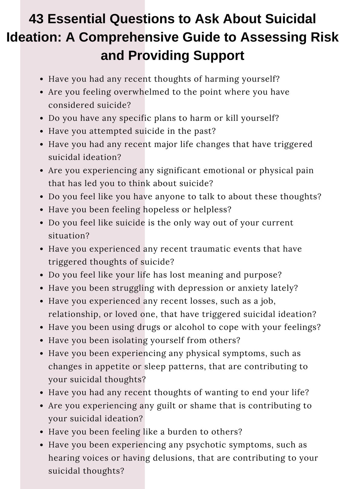 Risk Assessment Template for Clinicians, Suicide Inquiry Questions ...