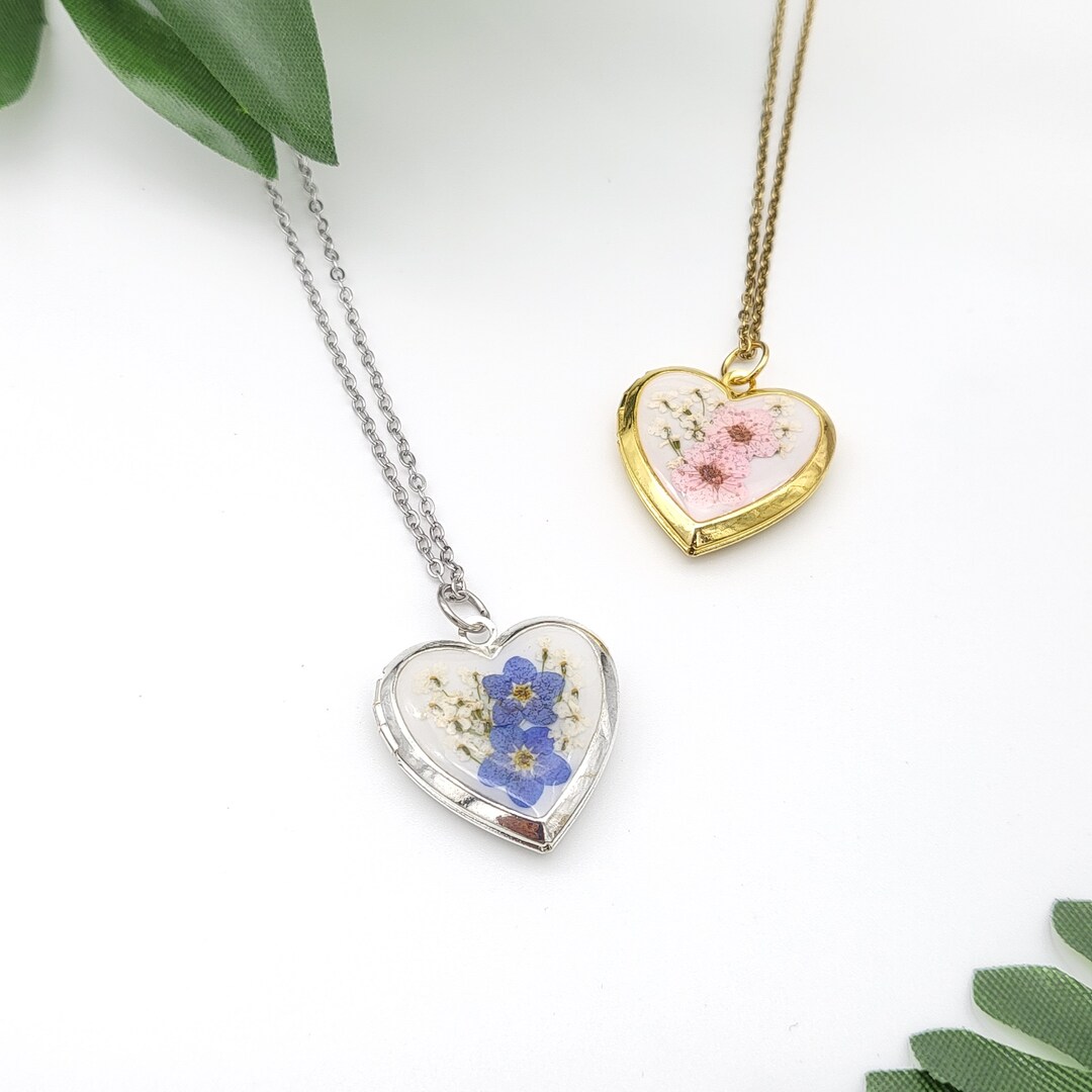 Handmade Pressed Flower Heart Locket Necklace Forget Me Not Flower ...