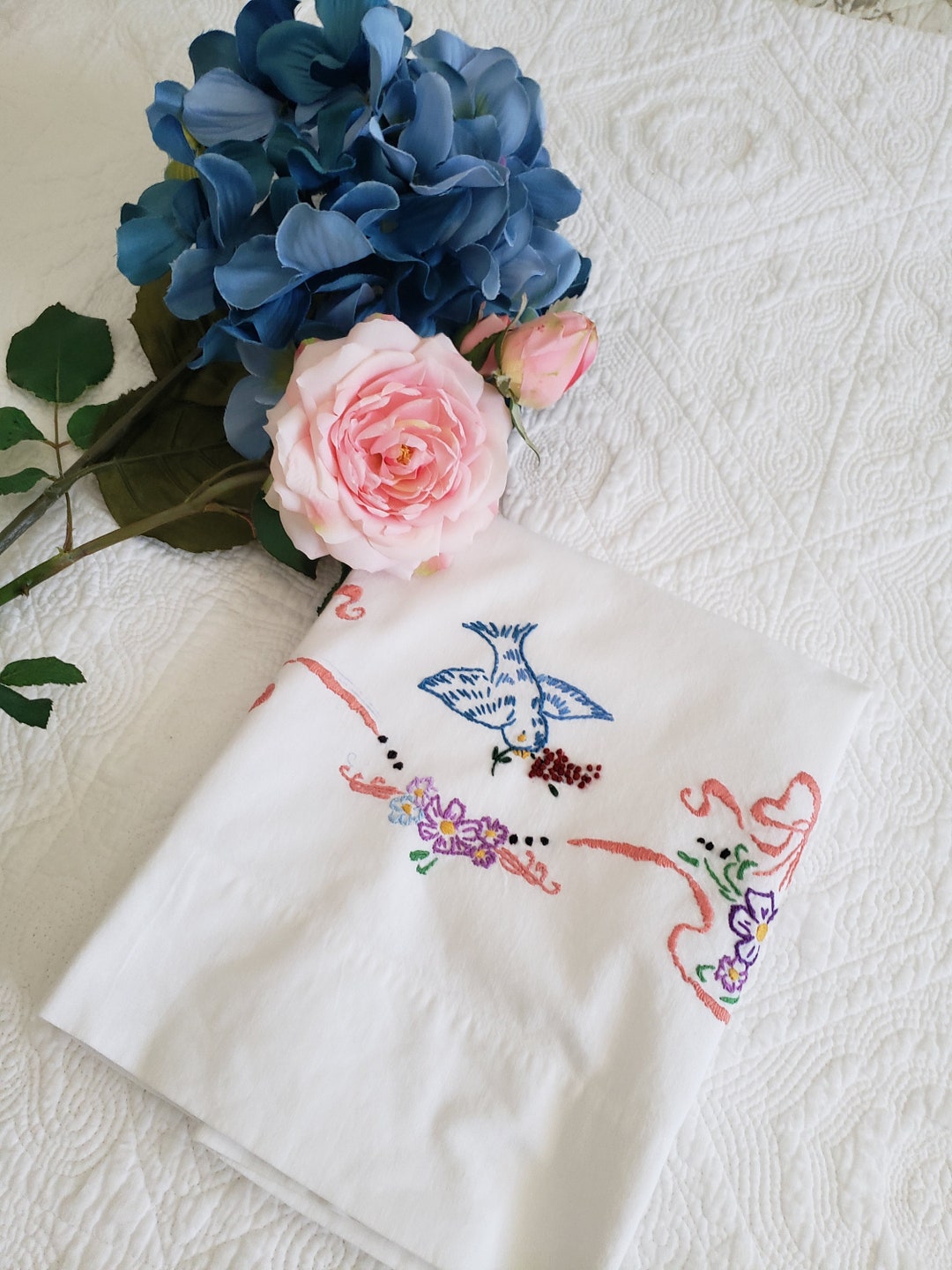 Pillow Case Embroidered Blue Bird - Etsy