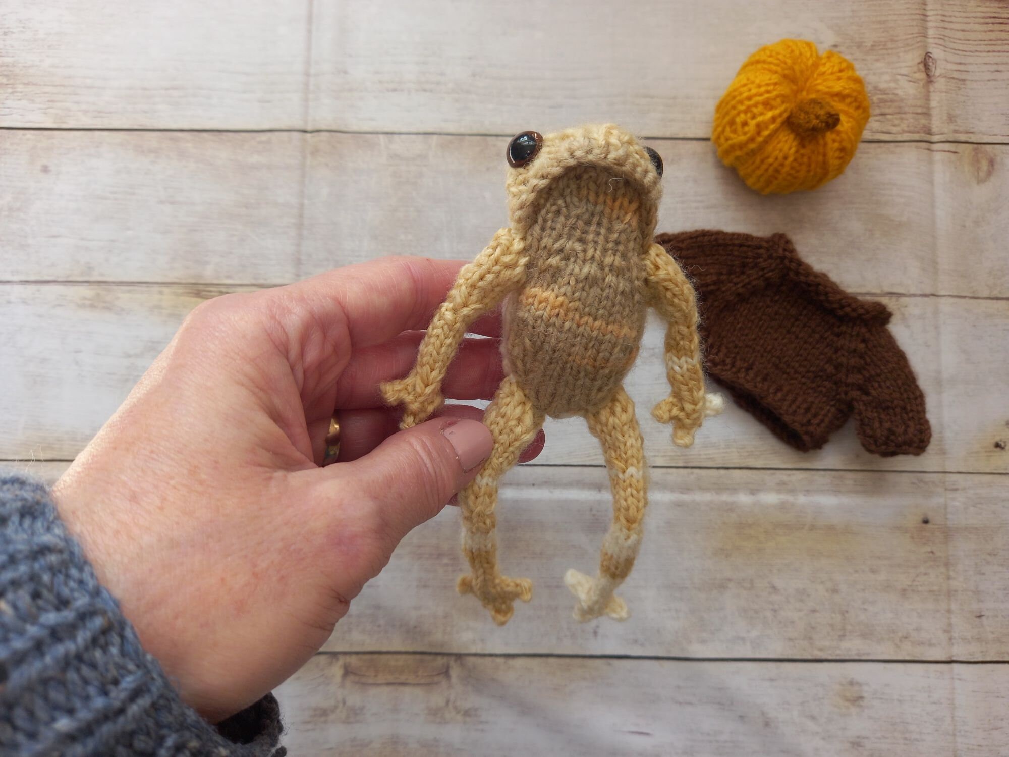 Knitted Frog With Sweater and Pumpkin Hand-knit Poseable Frog - Etsy