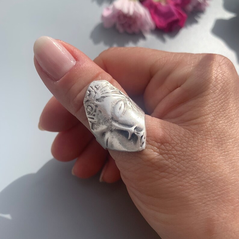 Silver Abstract Face Ring, Ancient Greek Ring, Antique Face Ring, Thick ...