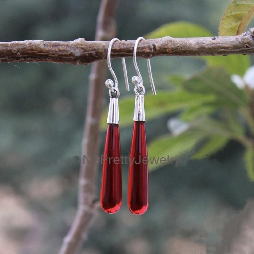 Red Garnet Earrings for Women, Long Drop Earrings, 925 Sterling Silver ...