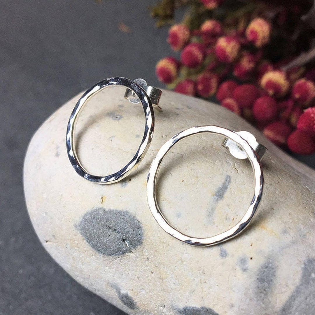 Large Open Circle Studs, Sterling Silver Circle Earrings, Round Studs, Hammered Earrings, Hoop ...