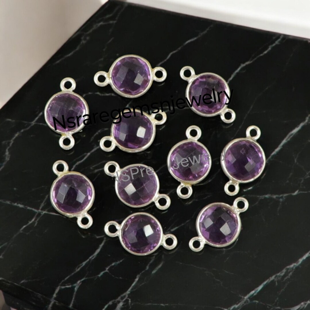 Purple Amethyst Round Bezel Connector, Silver Plated Connector Round Shape Connector Double Bail ...