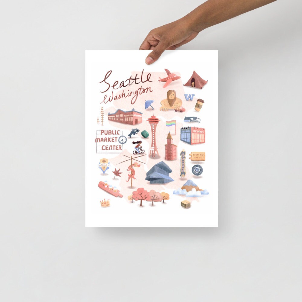 Illustrated City Landmarks of Seattle, Washington (print) - Etsy