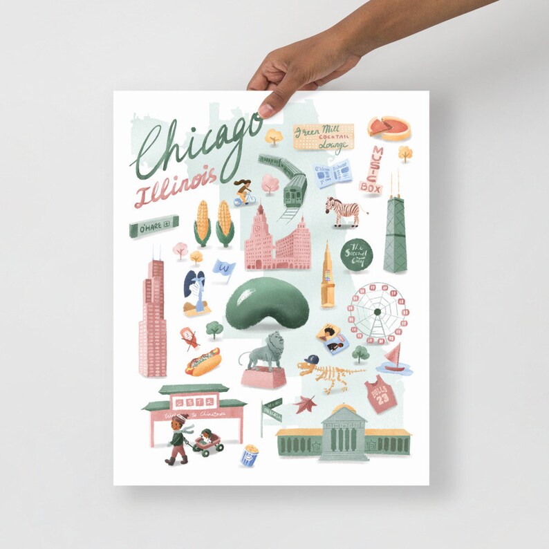 Illustrated City Landmarks of Chicago, Illinois (print) - Etsy