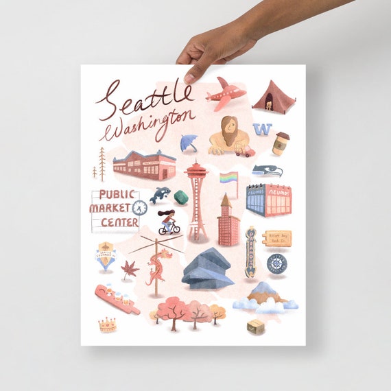 Illustrated City Landmarks of Seattle Washington print - Etsy