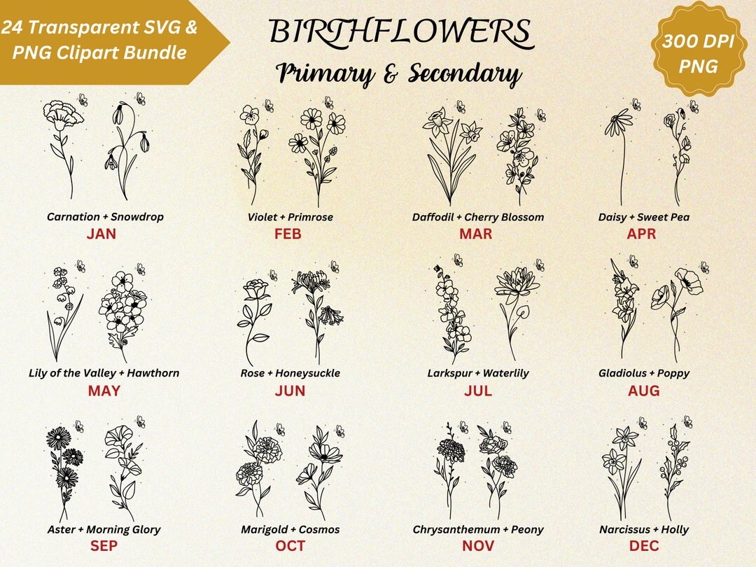 Birth Month Flower SVG PNG Clipart Bundle (300 DPI) - Etsy
