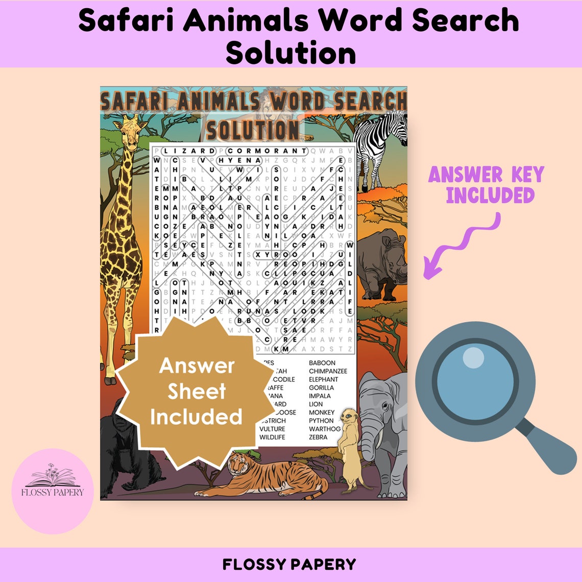 Safari Animals Word Search Printable PDF. Large Word Search Puzzle. - Etsy