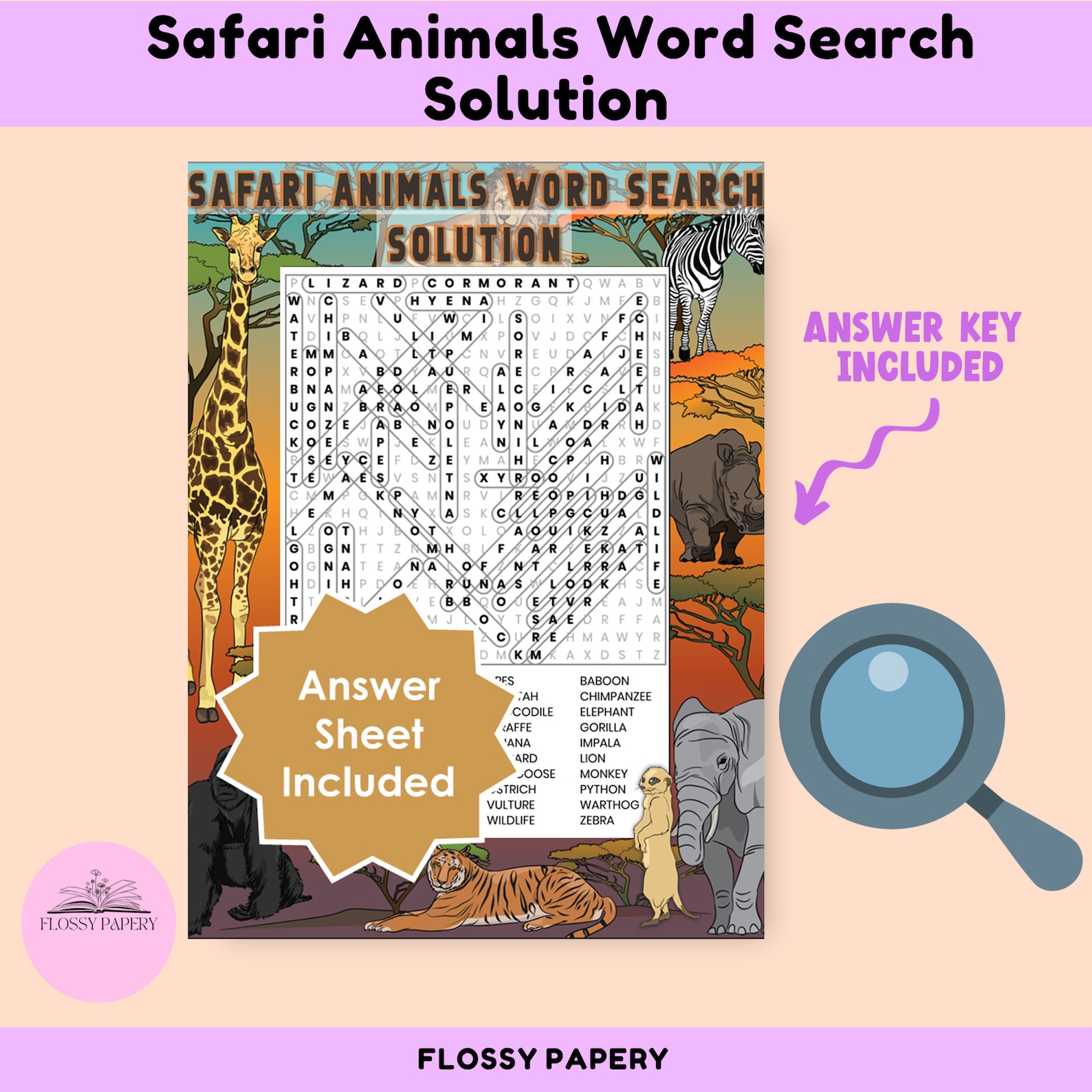 Safari Animals Word Search Printable PDF. Large Word Search Puzzle. - Etsy