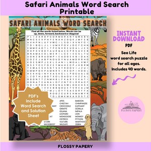 Safari Animals Word Search Printable PDF. Large Word Search Puzzle. - Etsy