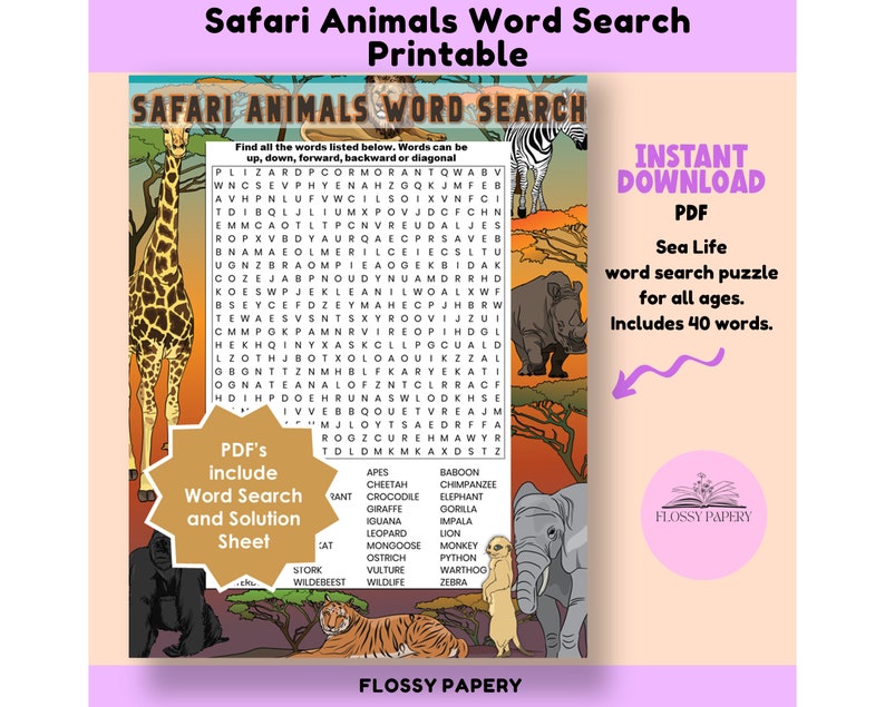 Safari Animals Word Search Printable Puzzle (PDF) - Etsy