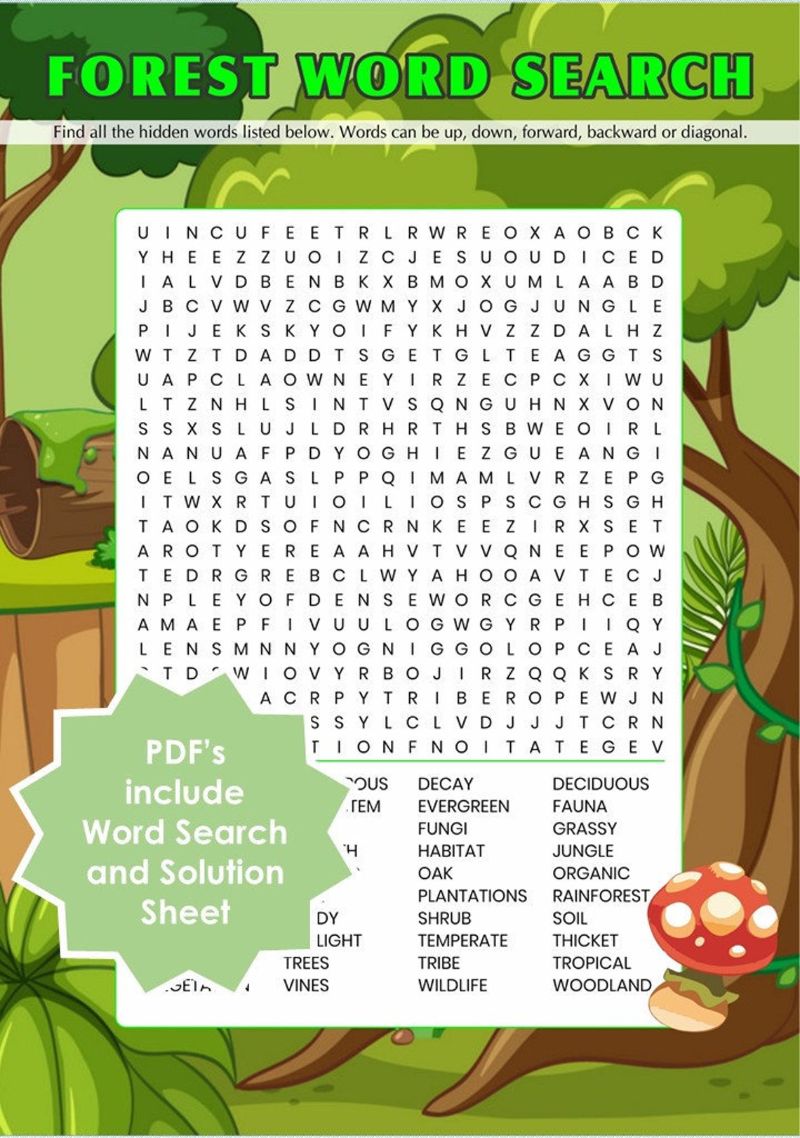 Forest Word Search Printable PDF. Large Word Search Puzzle. | Etsy