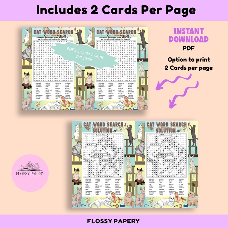 Cat Word Search Printable PDF. Large Word Search Puzzle. - Etsy