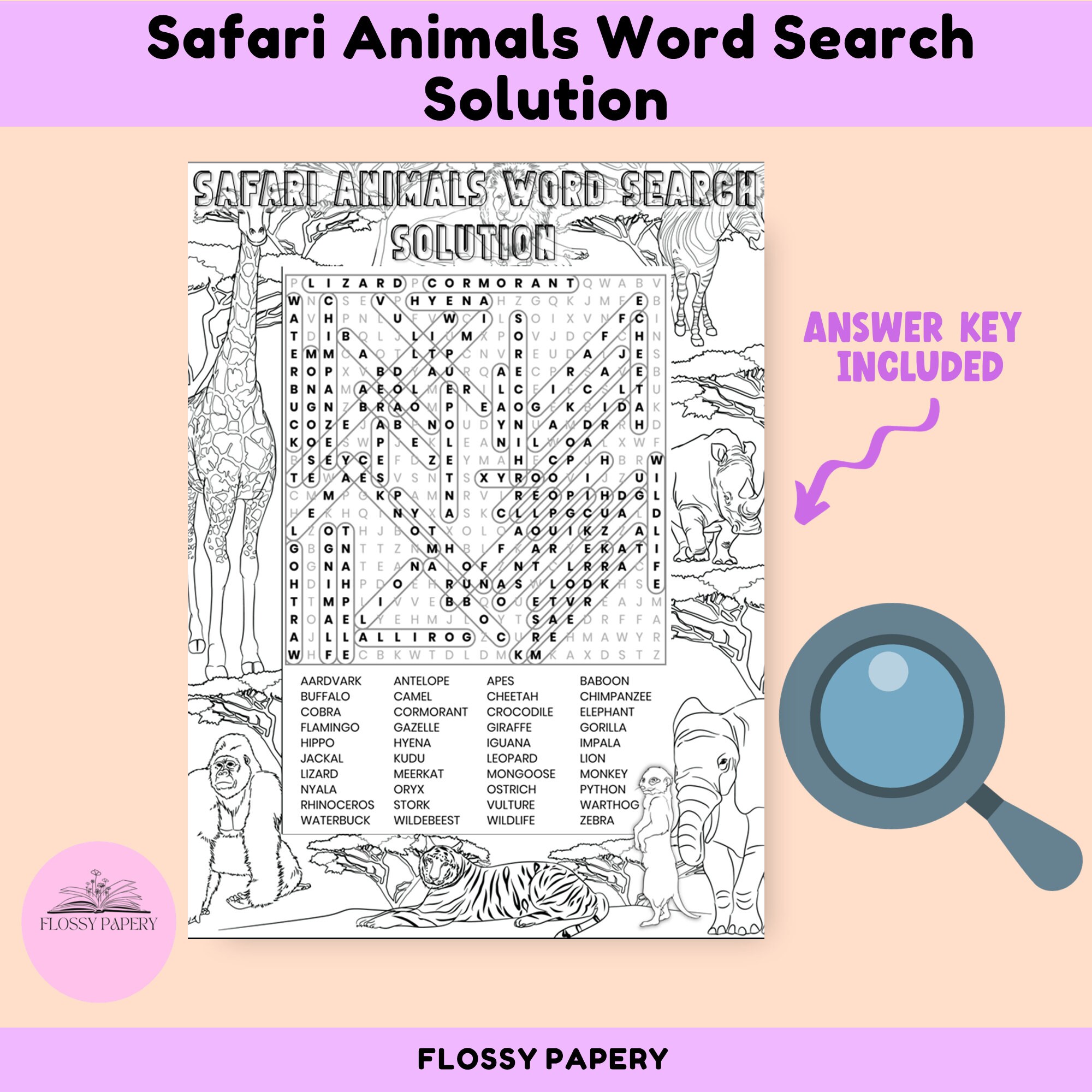 Safari Animals Word Search - Etsy