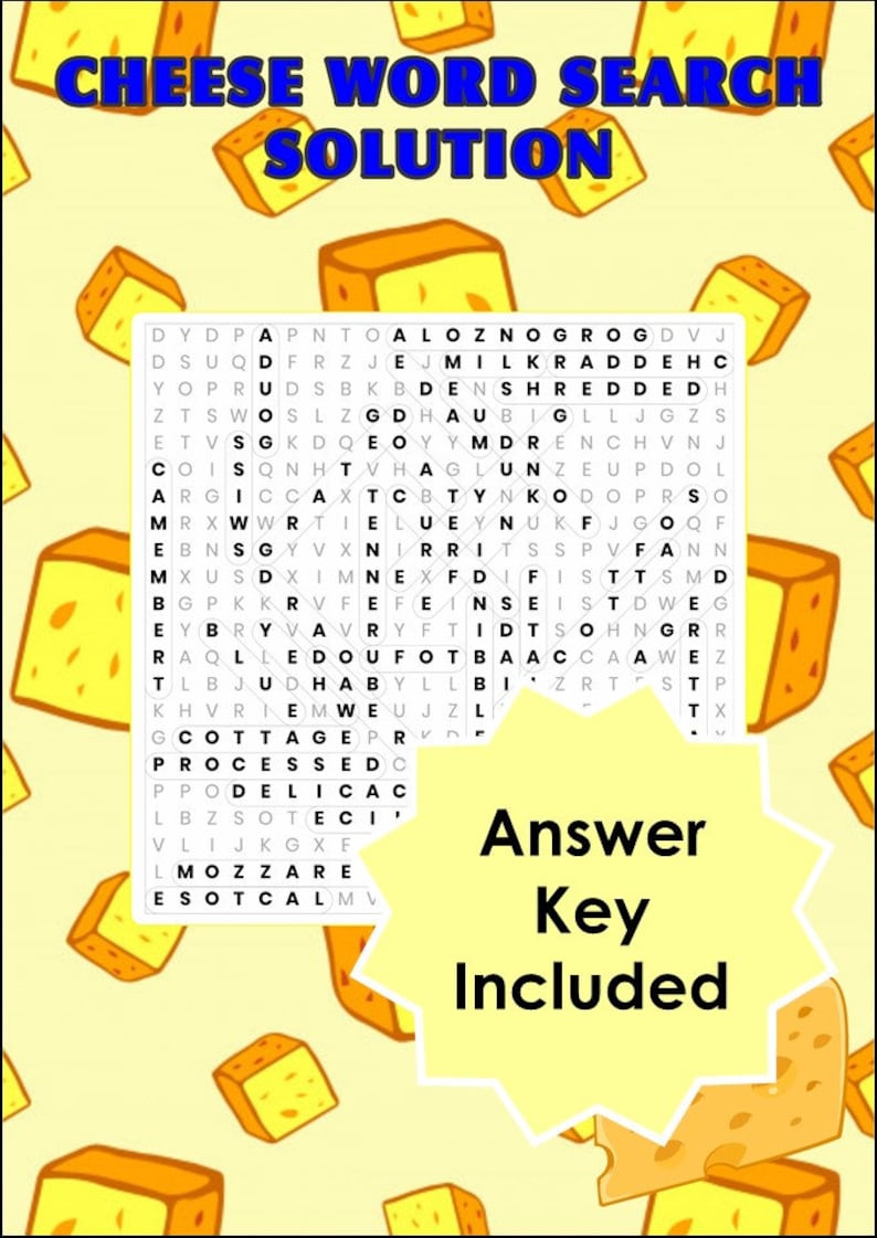 Cheese Word Search Printable PDF. Large Word Search Puzzle. - Etsy