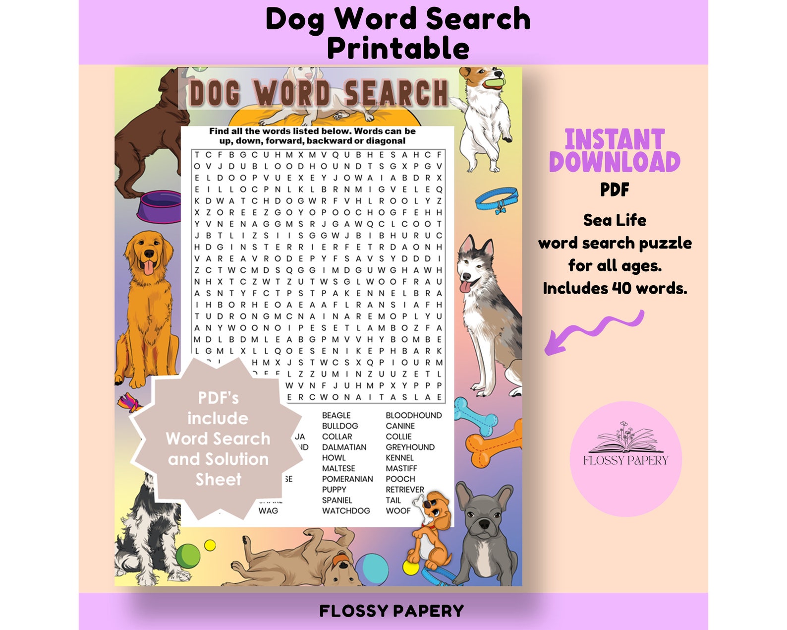 Dog Word Search Printable PDF. Large Word Search Puzzle. - Etsy