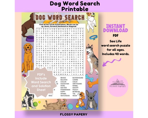 Dog Word Search Printable PDF. Large Word Search Puzzle. - Etsy