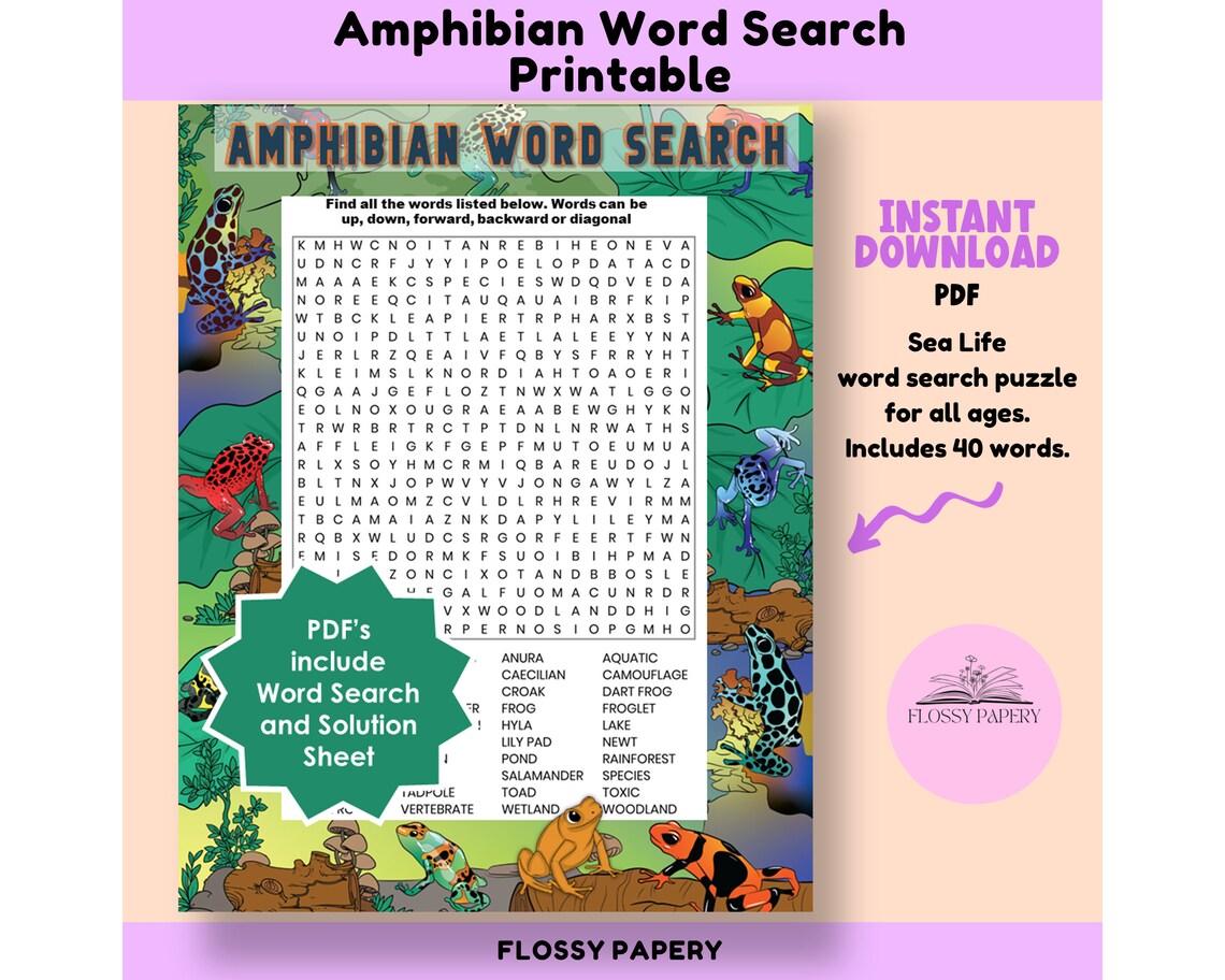 Amphibian Word Search Printable PDF. Large Word Search Puzzle. - Etsy