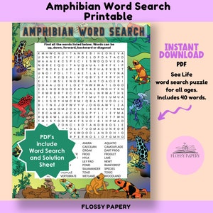 Amphibian Word Search Printable PDF. Large Word Search Puzzle. - Etsy