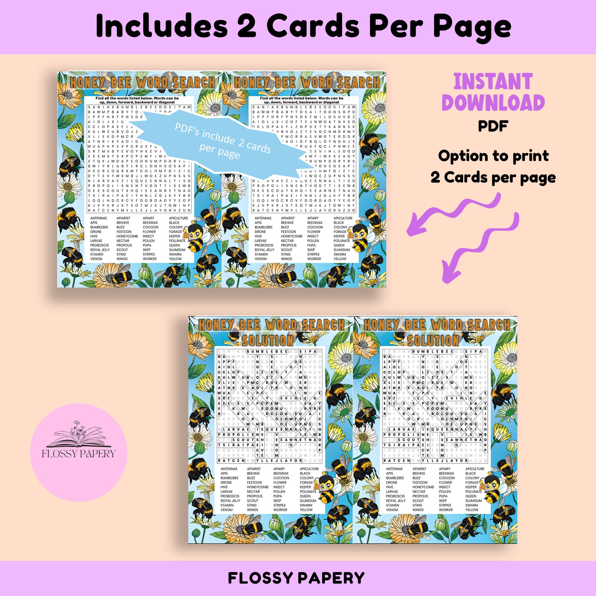 Honey Bee Word Search Printable PDF. Large Word Search Puzzle. - Etsy