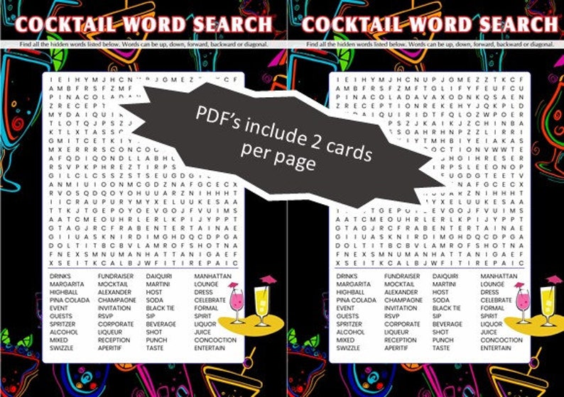 Cocktail Wordsearch Printable PDF. Large Word Search Puzzle. - Etsy