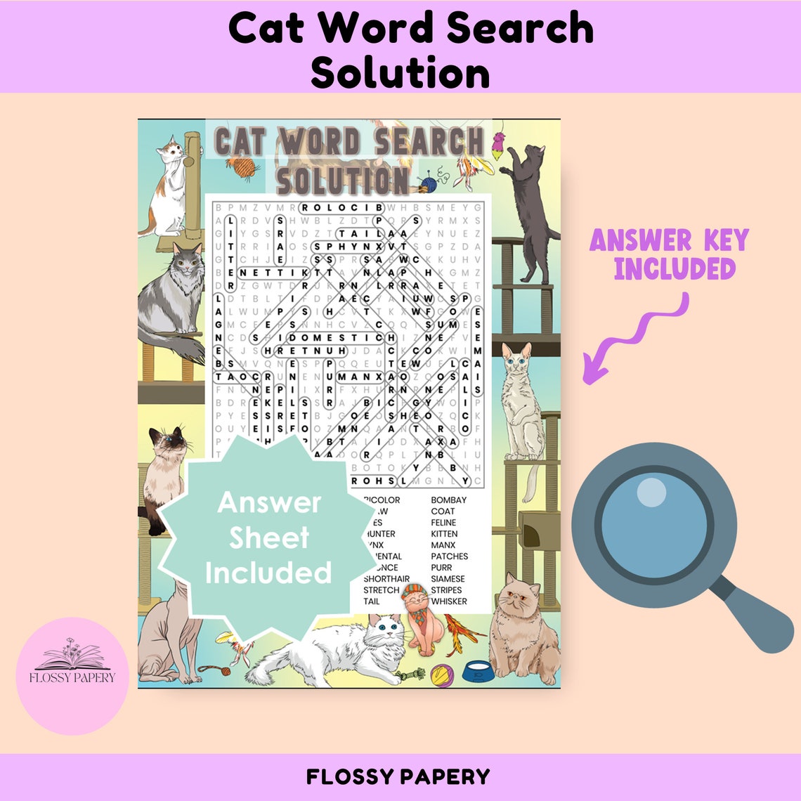 Cat Word Search Printable PDF. Large Word Search Puzzle. - Etsy
