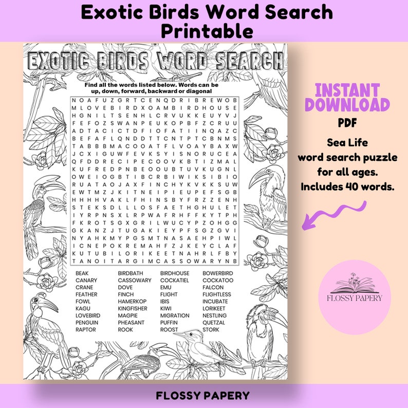 Exotic Birds Word Search - Etsy