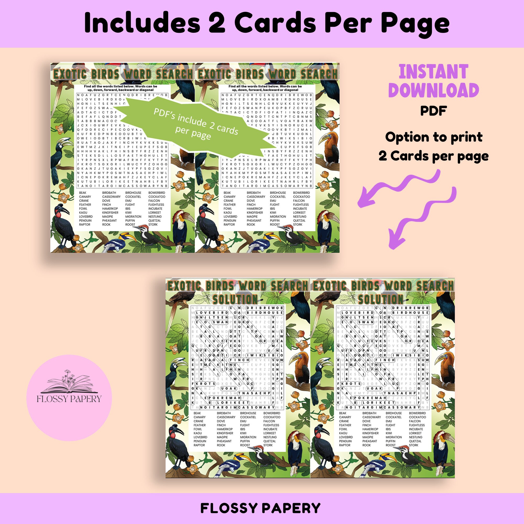 Exotic Birds Word Search Printable PDF. Large Word Search Puzzle. - Etsy