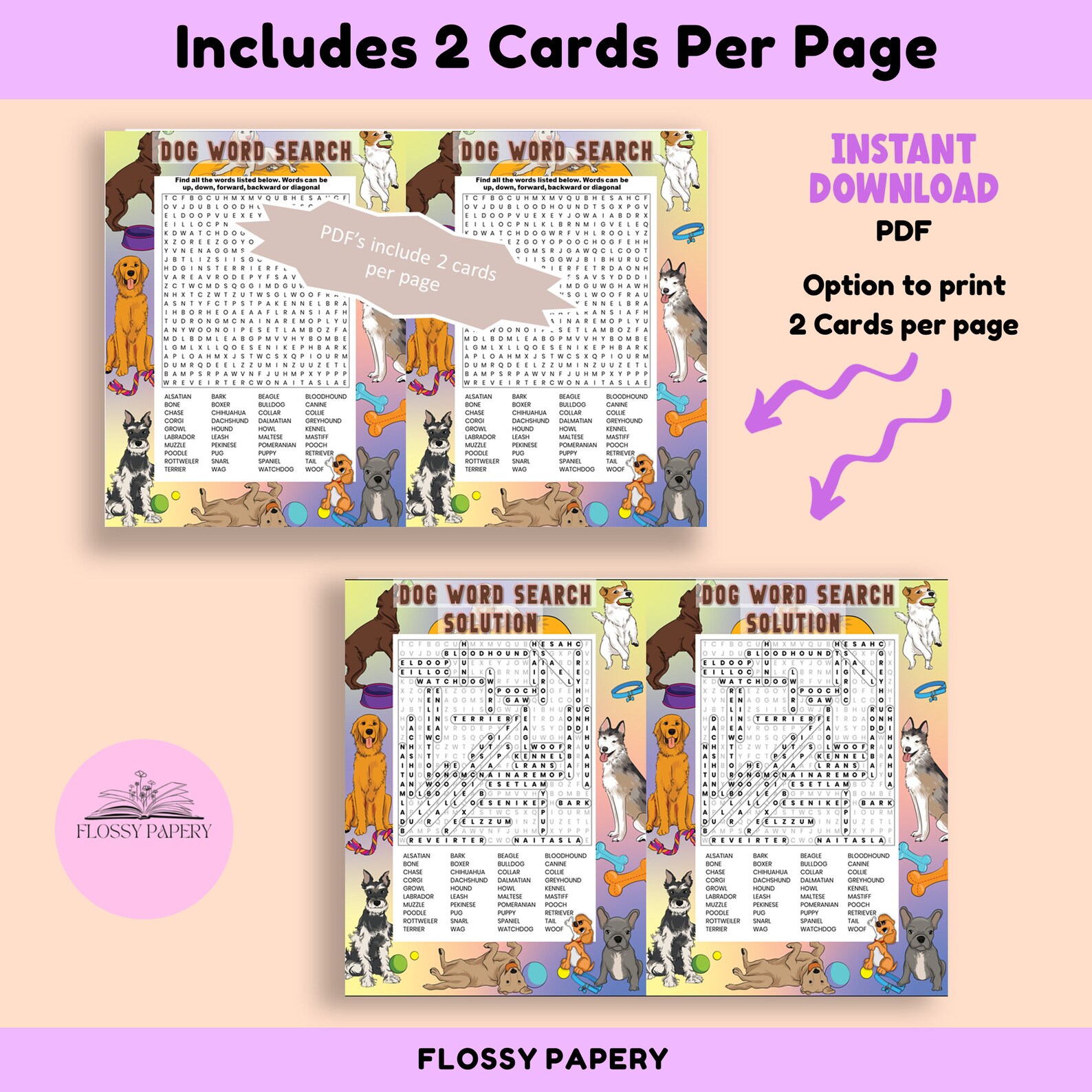 Dog Word Search Printable PDF. Large Word Search Puzzle. - Etsy