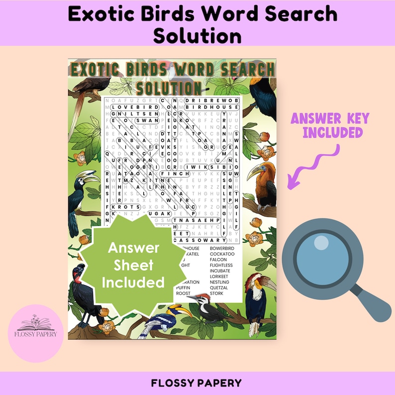 Exotic Birds Word Search Printable PDF. Large Word Search Puzzle. - Etsy
