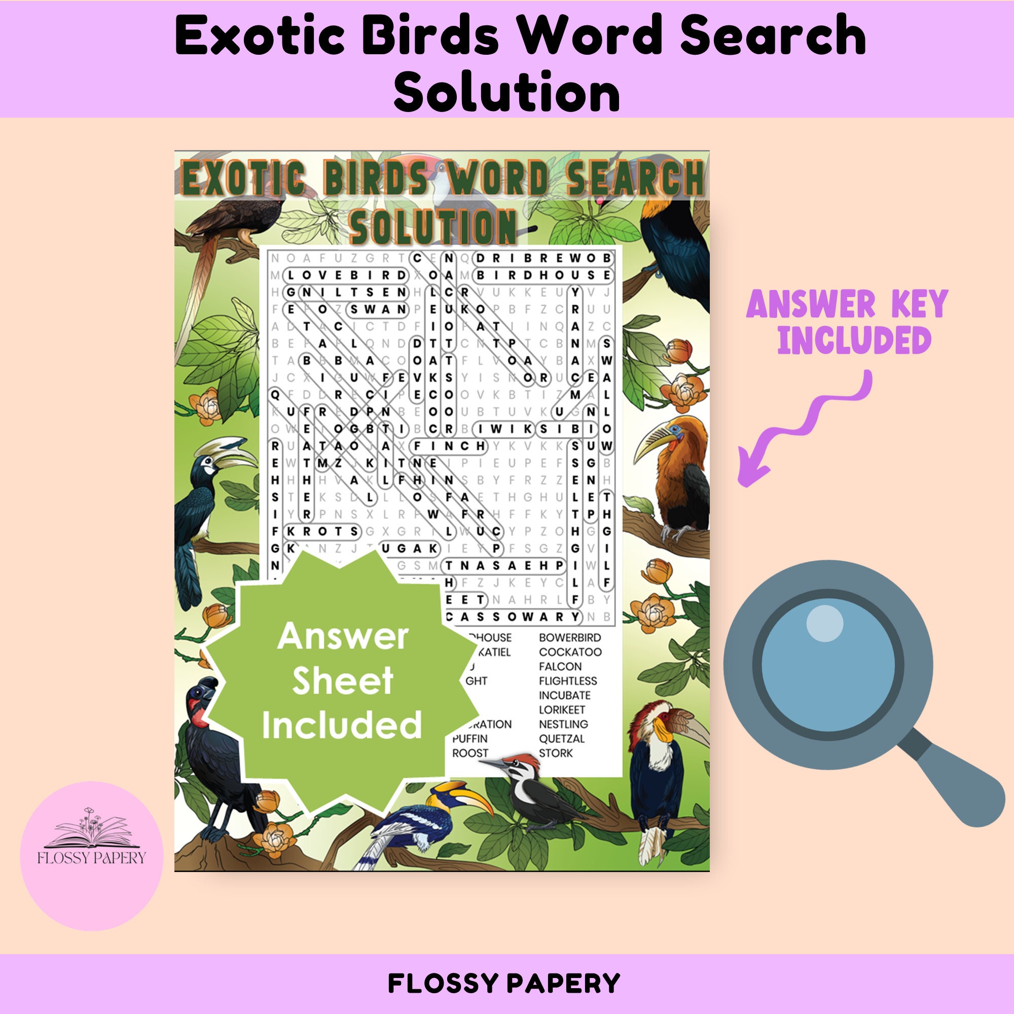 Exotic Birds Word Search Printable PDF. Large Word Search Puzzle. - Etsy