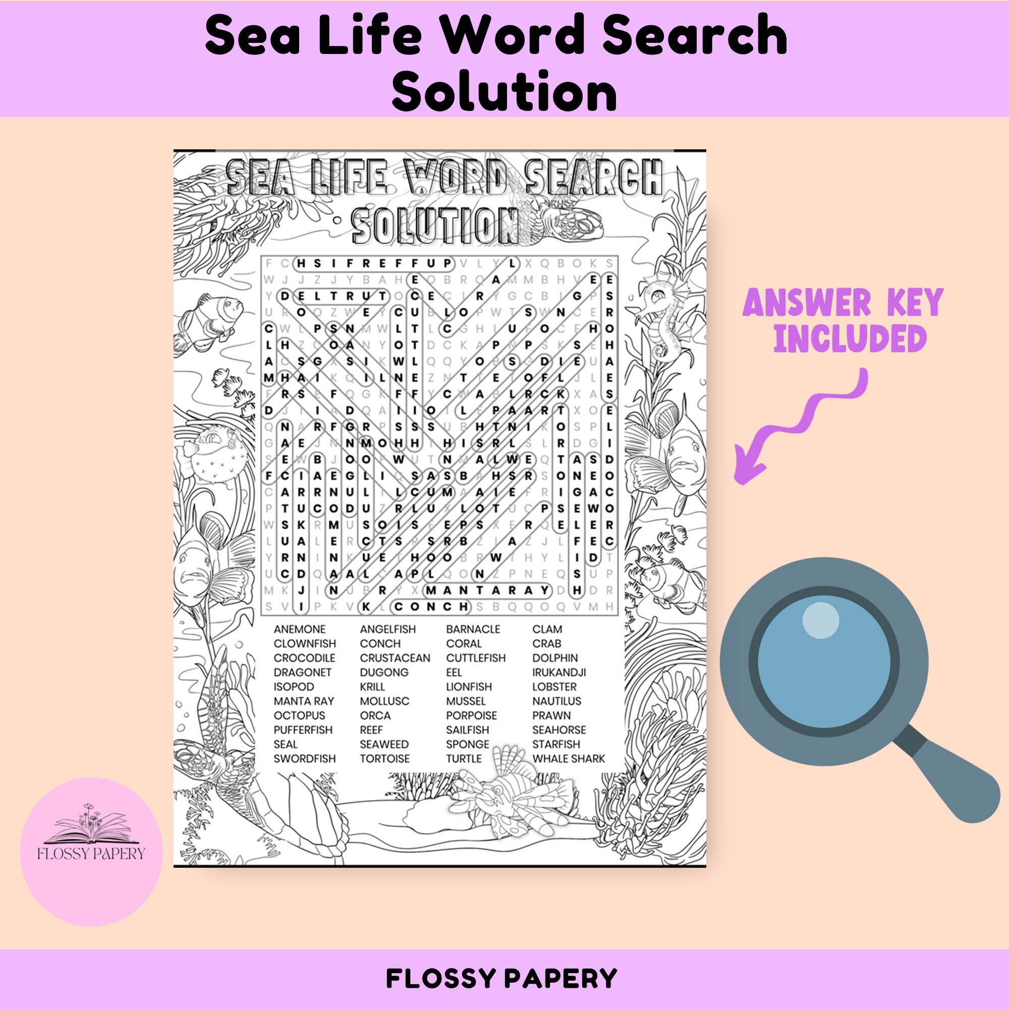 Sea Life Word Search Puzzle - Etsy