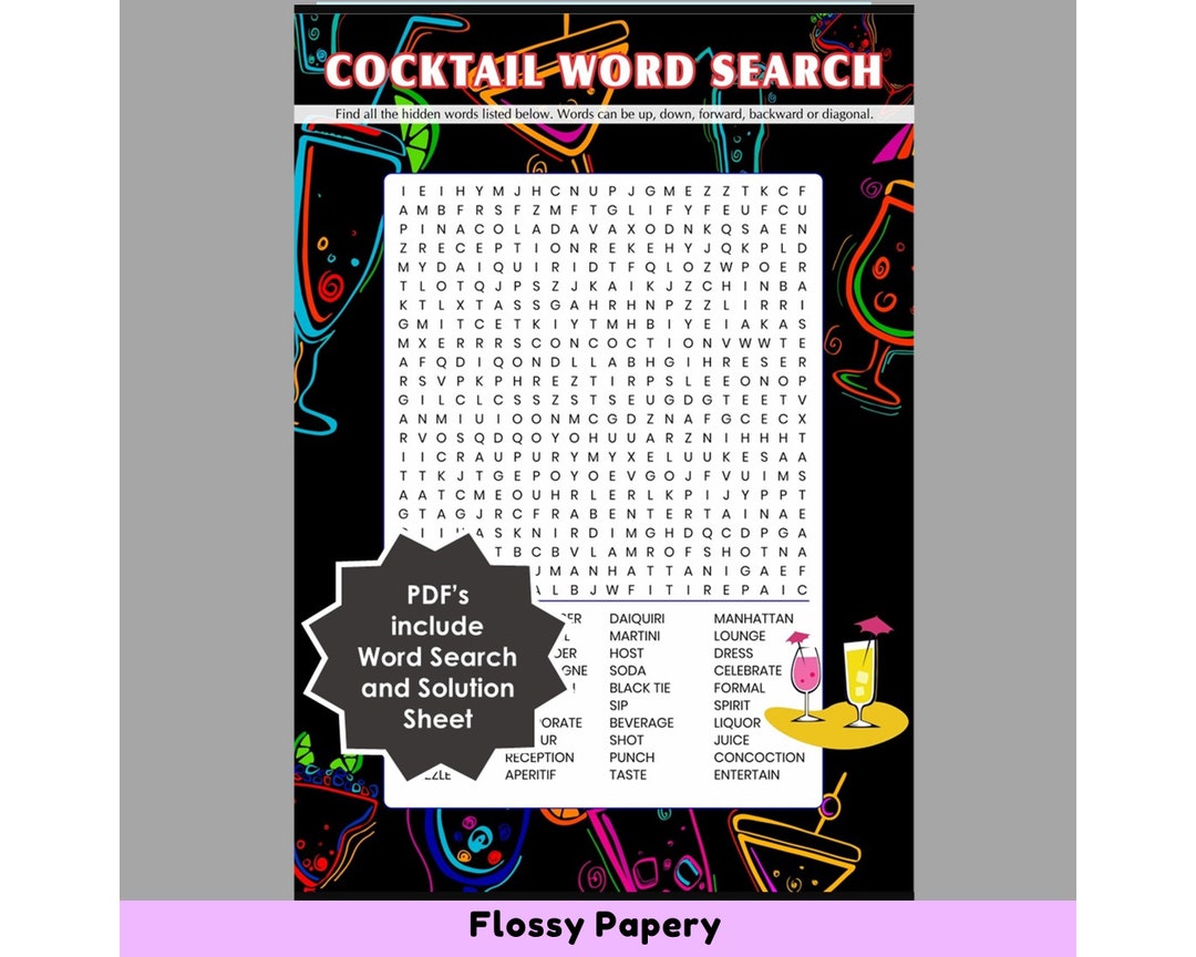 Cocktail Wordsearch Printable PDF. Large Word Search Puzzle. - Etsy
