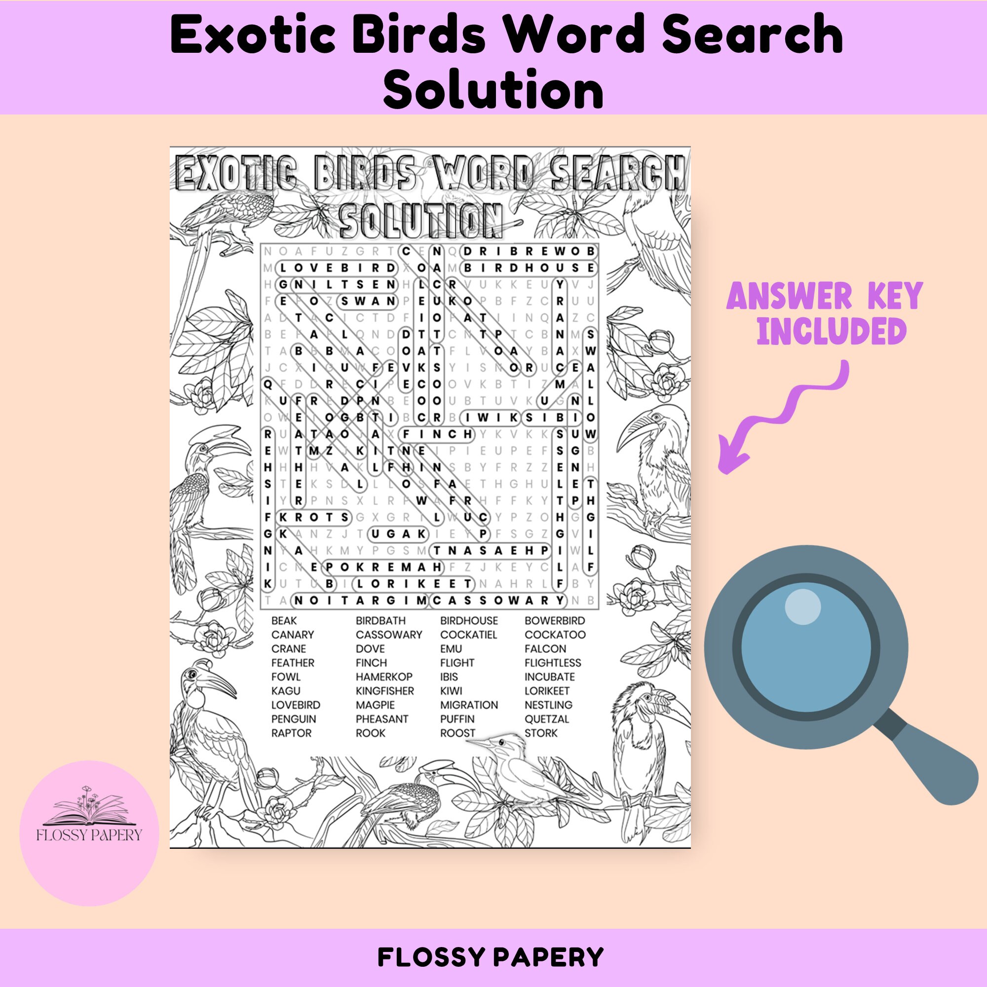 Exotic Birds Word Search - Etsy