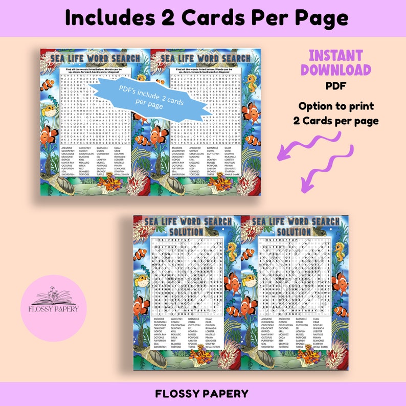 Sea Life Word Search Printable PDF. Large Word Search Puzzle. - Etsy