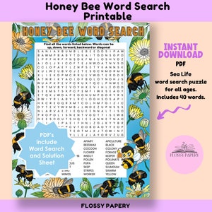 Honey Bee Word Search Printable PDF. Large Word Search Puzzle. - Etsy