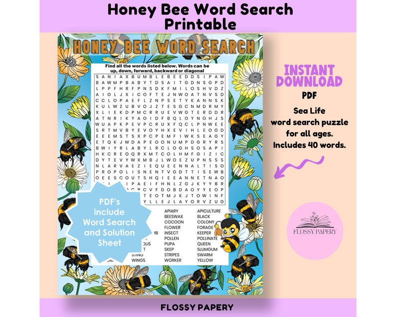 Honey Bee Word Search Printable PDF. Large Word Search Puzzle. - Etsy
