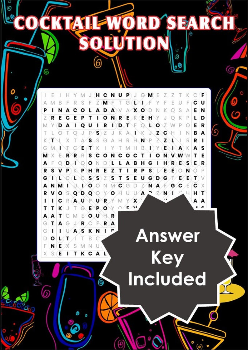 Cocktail Wordsearch Printable PDF. Large Word Search Puzzle. - Etsy