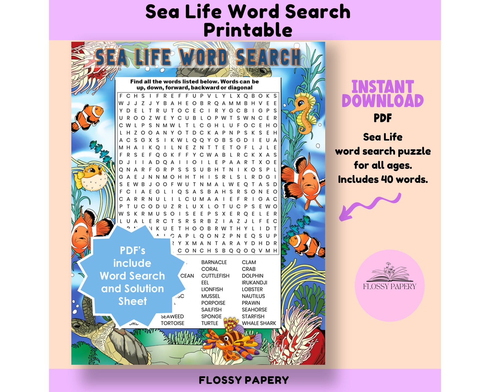 Sea Life Word Search Printable PDF. Large Word Search Puzzle. - Etsy