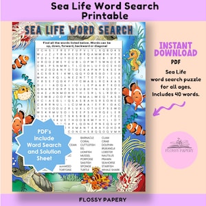 Sea Life Word Search Printable PDF. Large Word Search Puzzle. - Etsy