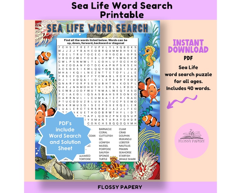 Sea Life Word Search Printable PDF. Large Word Search Puzzle. - Etsy